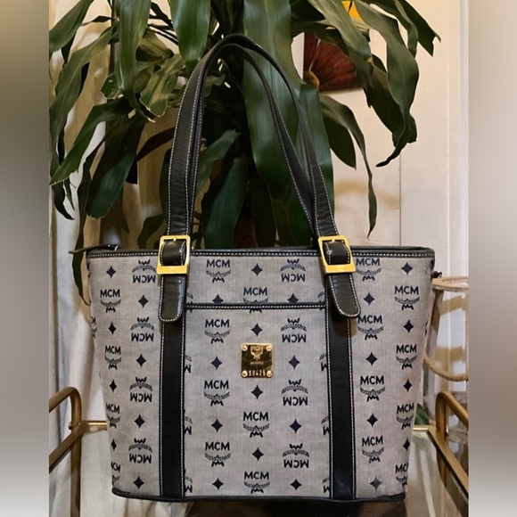 MCM | Bags | Authentic Mcm Blue Leather And Canvas Tote | Poshmark